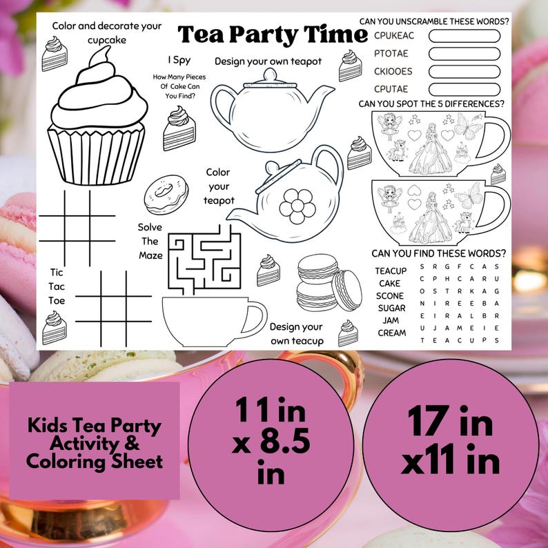 Kids Tea Party Activity & Coloring Sheet | Tea Party Games | Tea Party ...