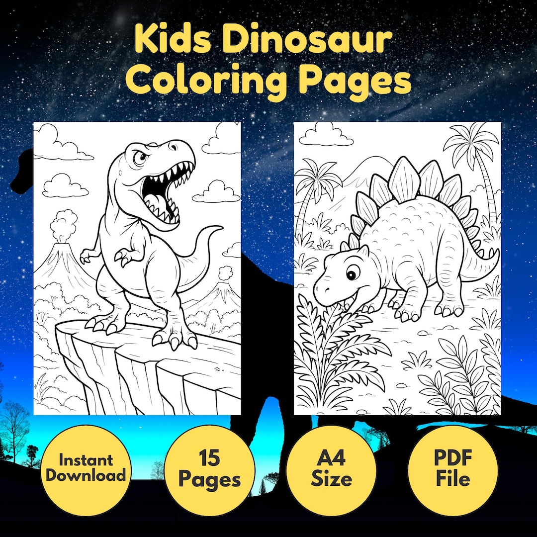 Dinosaur Coloring Pages: Kids Printable Activity Pack (PDF Download A4 ...