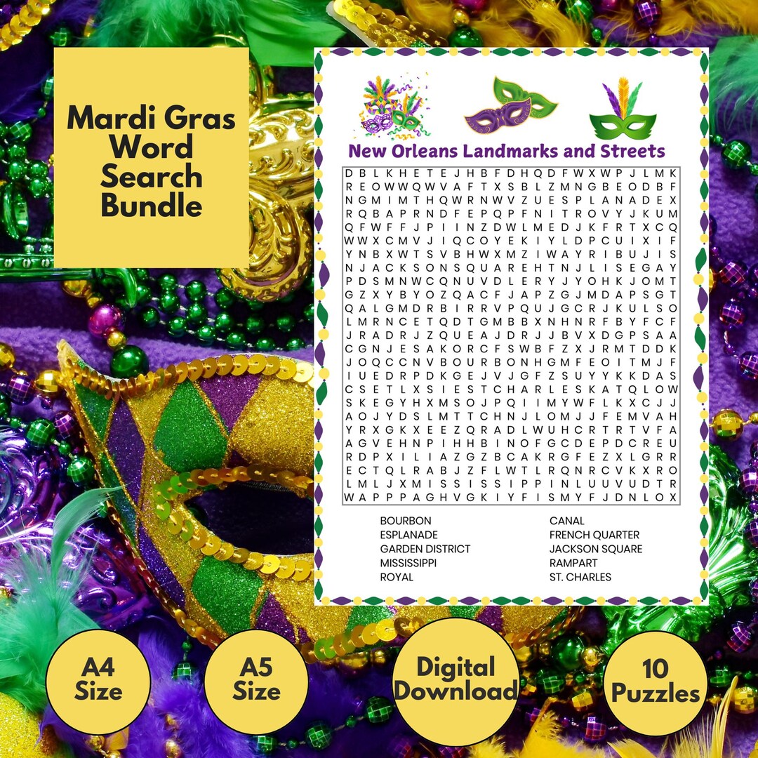 Mardi Gras Word Search, Printable Activity for Kids & Adults, Fun Fat ...