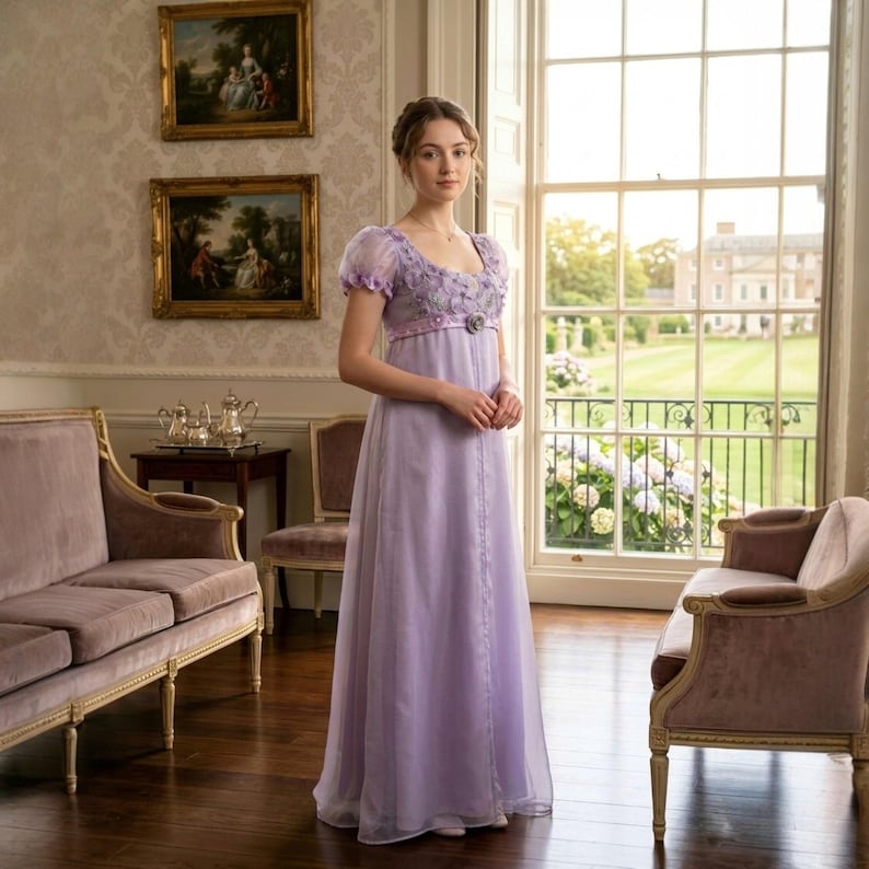 Lilac Empire-waist Dress With Organza Overlay | Regency-style Ball Gown ...