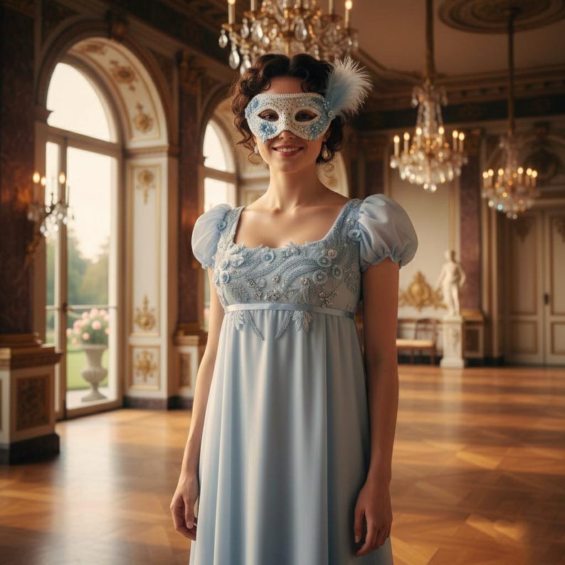 Light Blue and Light Pink Embroidery Regency Dress: Empire Gown With ...