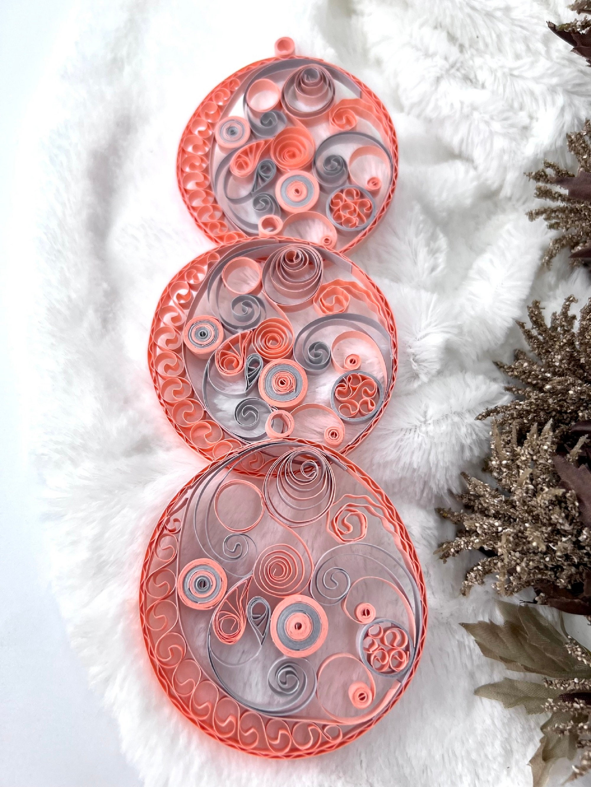 Set 6 Pcs Quilled Christmas Ball and Stars, Salmon/somon and Gray Color ...