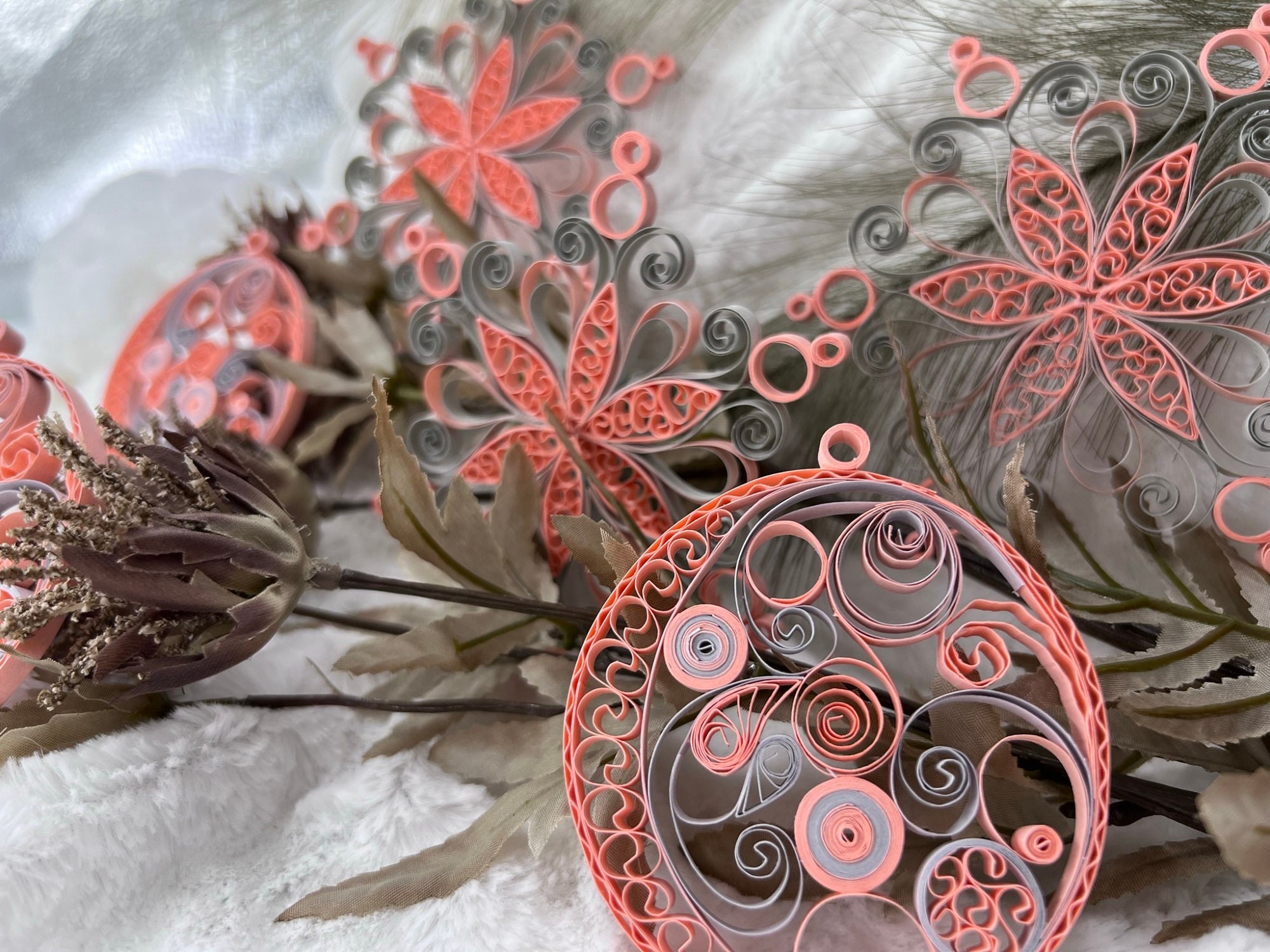 Set 6 Pcs Quilled Christmas Ball and Stars, Salmon/somon and Gray Color ...