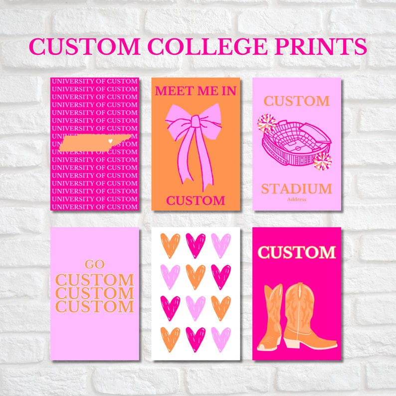 Custom College Wall Art Digital Prints, Preppy Pink Orange University ...