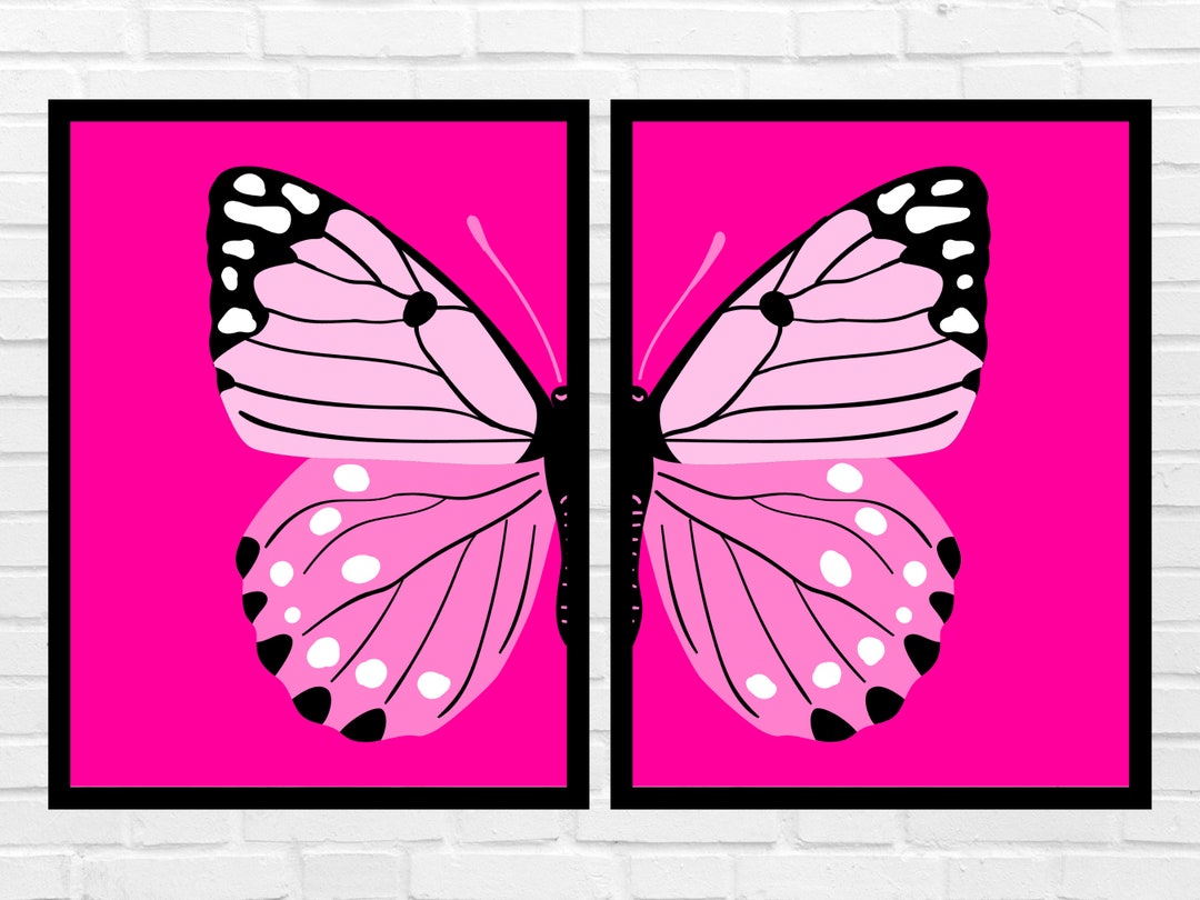Pink Butterfly Preppy Digital Print Set of 2 // Wall Art // Preppy Wall ...
