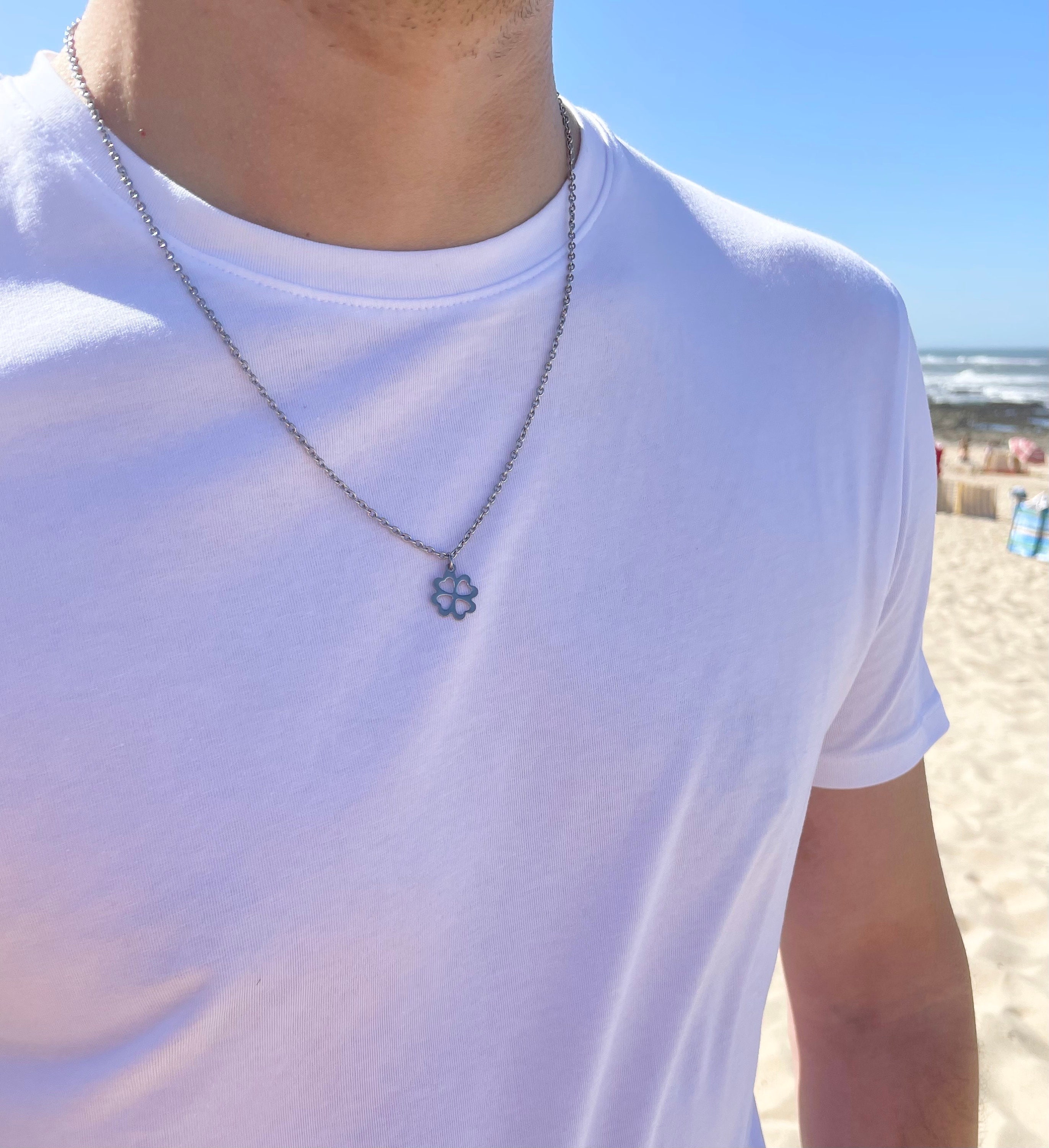 Four Leaf Clover Mens Necklace, Waterproof Necklace for Men, Silver ...