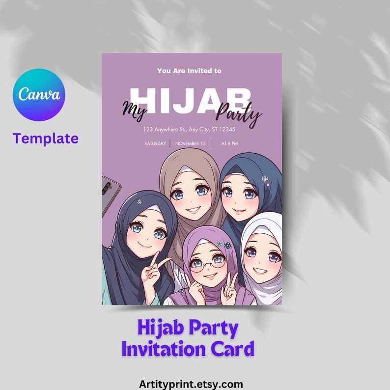 Hijab Party Invitation Card Printable Editable PDF Muslim Girls With ...