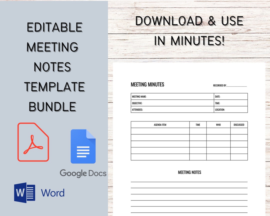 Meeting Notes Template Printable Meeting Minutes Editable Meeting Notes ...