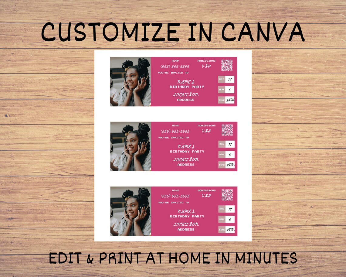 Pink Party Invitation Concert Ticket Theme EDITABLE Canva Template ...