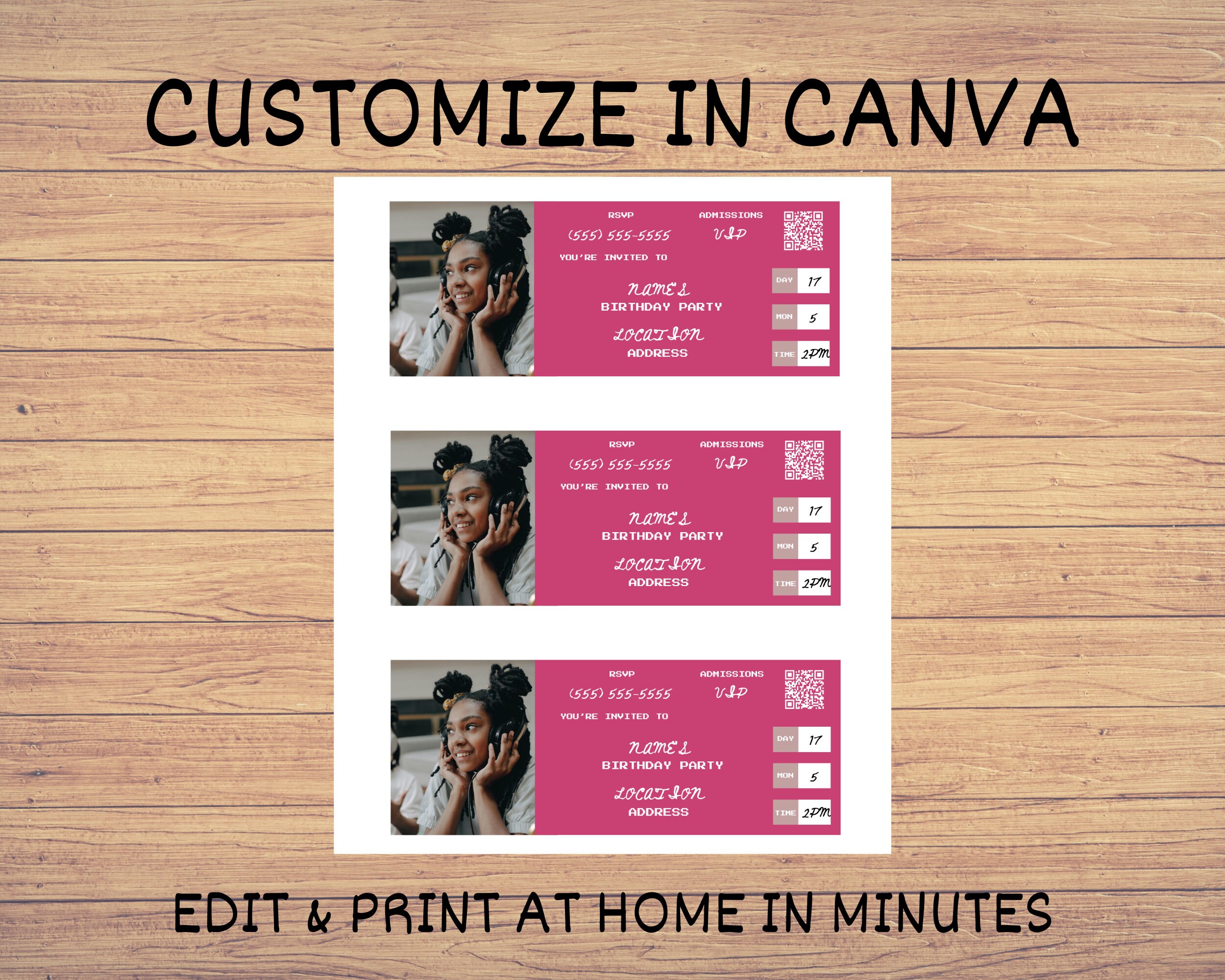 Pink Party Invitation Concert Ticket Theme EDITABLE Canva Template ...