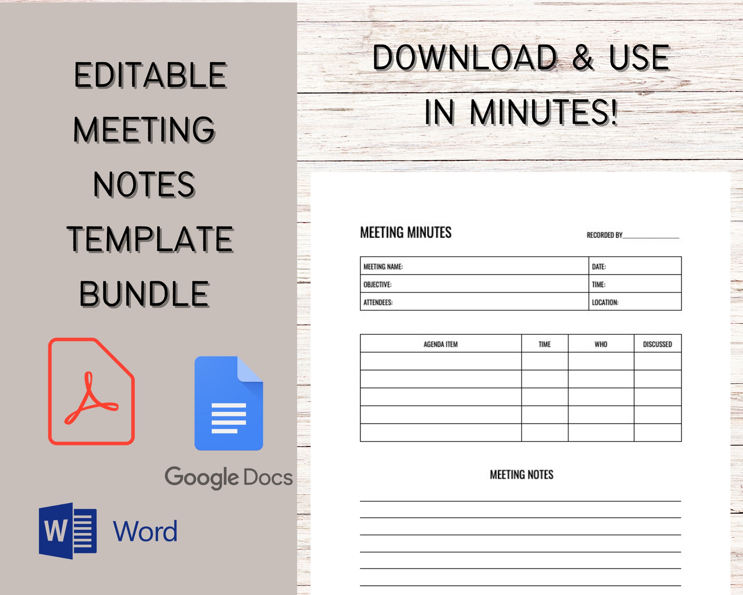 Meeting Notes Printable Meeting Minutes Template Editable Meeting Notes ...
