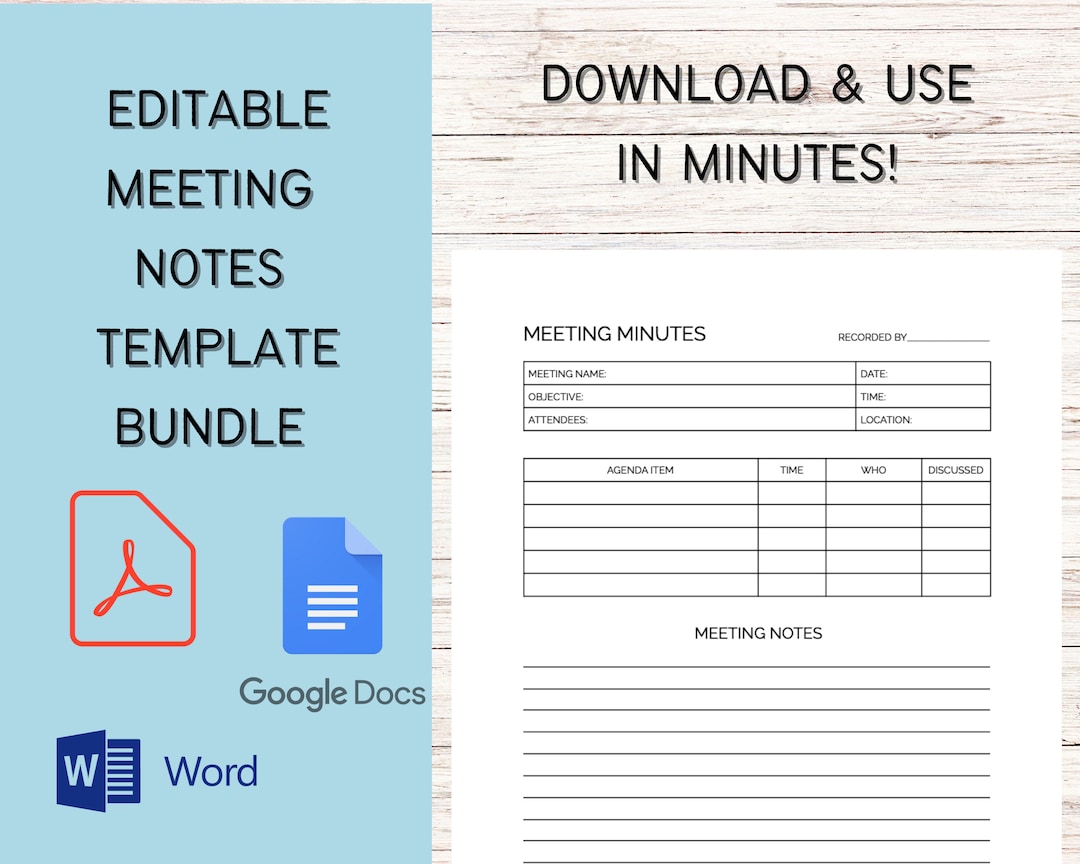 Meeting Notes Printable / Meeting Minutes Template, Editable Meeting ...