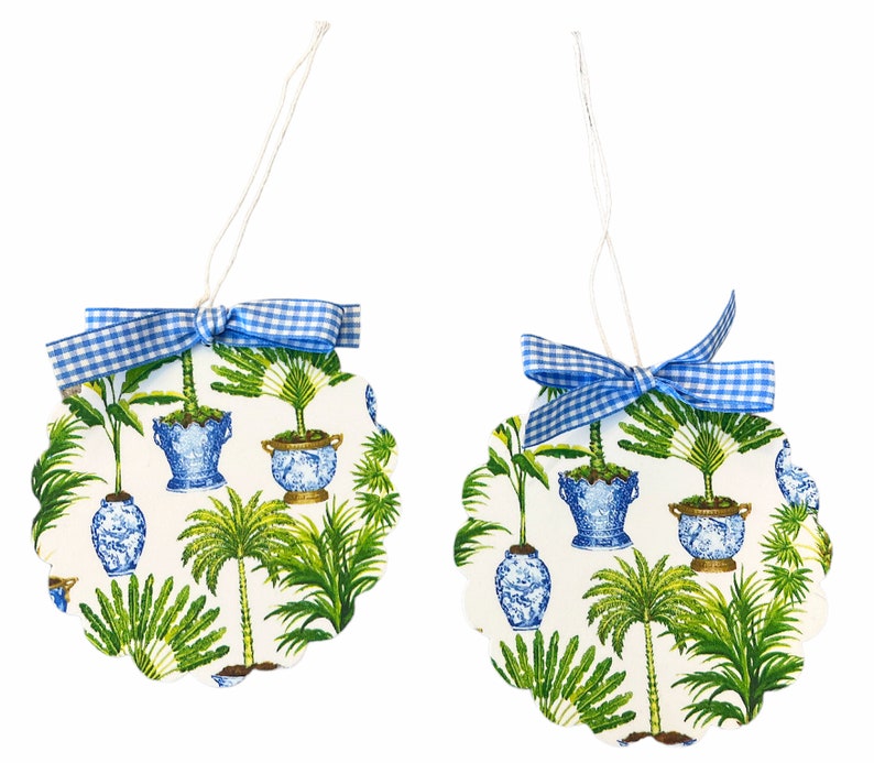 Gift Tags Palm Tree Design Potted Palms Blue Gift Tag Scalloped Circle ...
