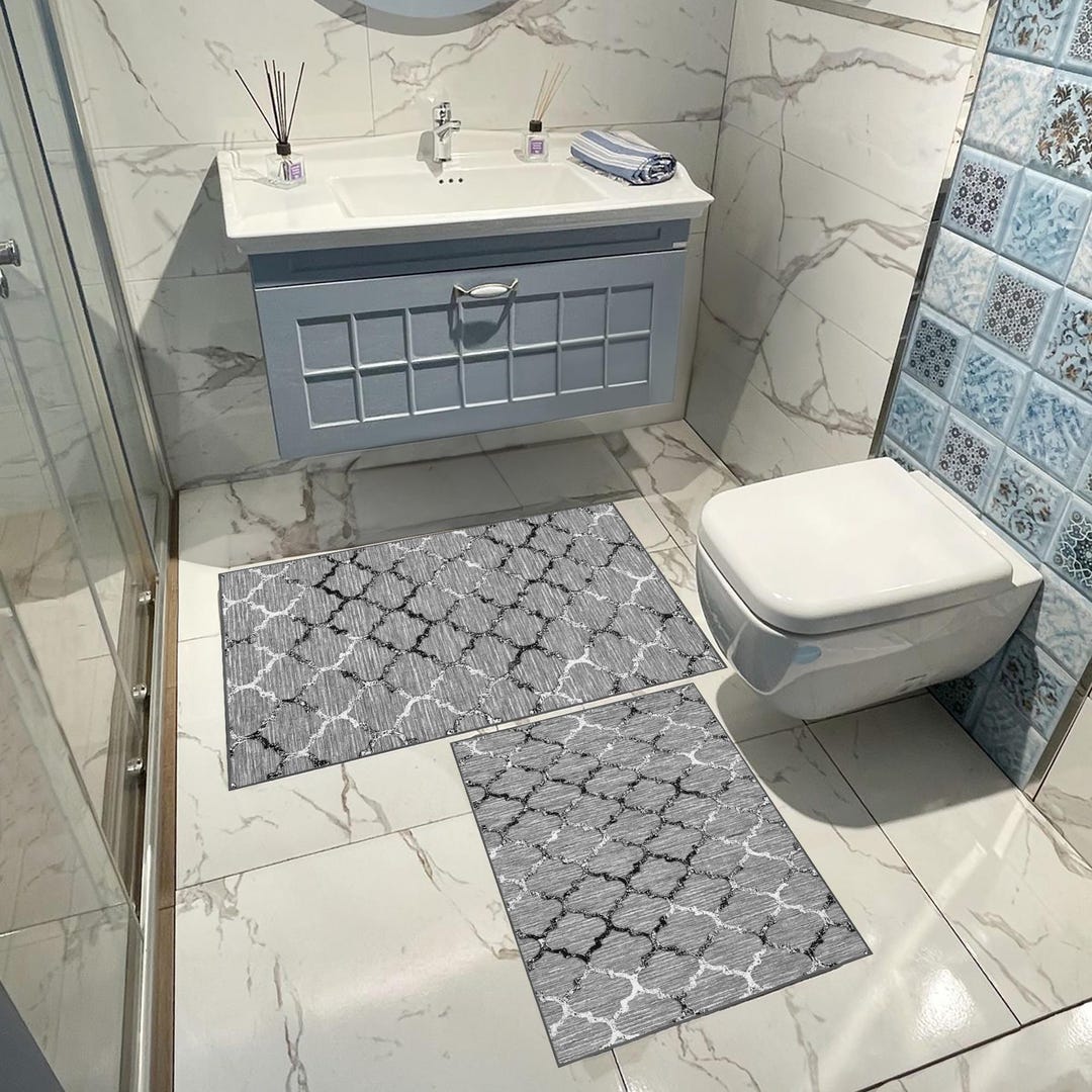 Modern Gray Bathroom Rug Set Non-slip Washable High-quality Printed ...