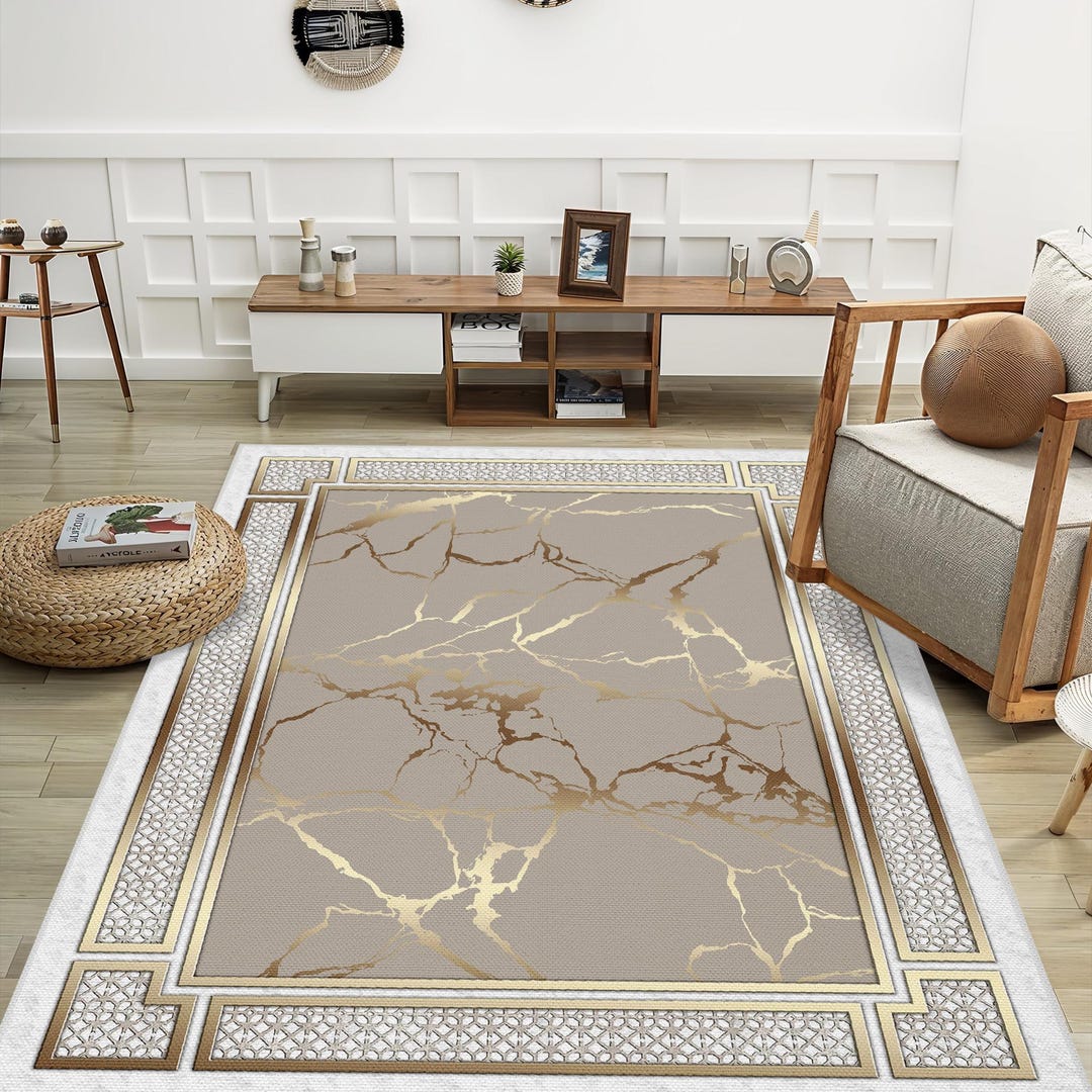 Marble Look Area Rug With Gold Veins and Non-slip Backing | Elegant ...