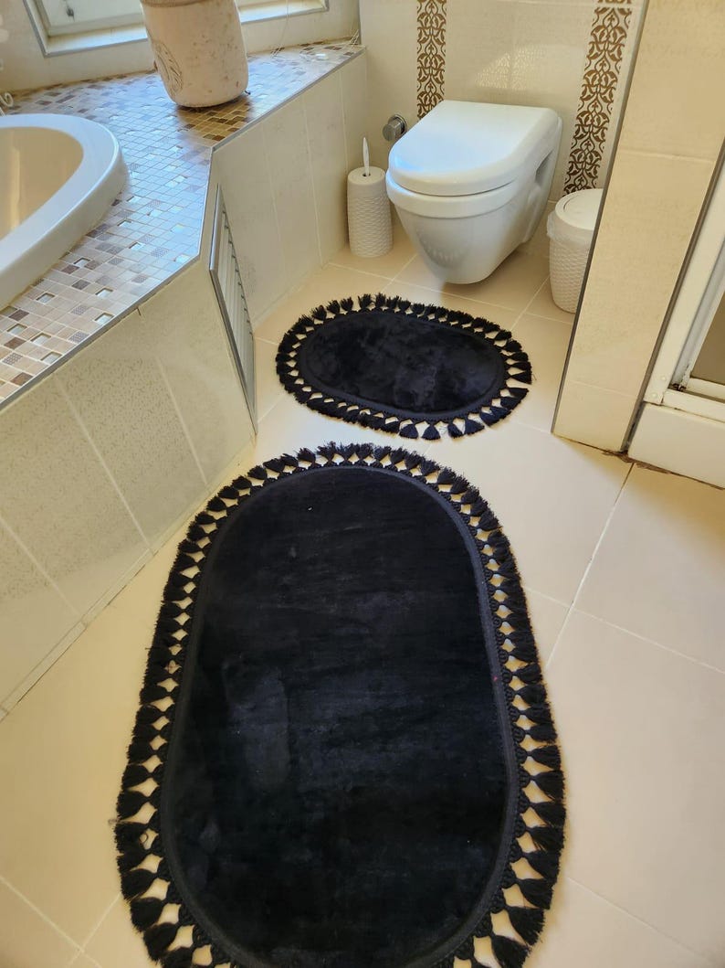 Fringed Soft Plush Black Bathroom Rug Set - Elegant Oval Design With ...