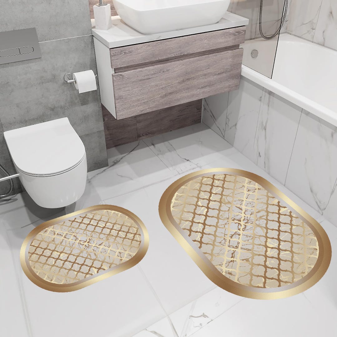 2-piece Gold Moroccan Bathroom Rug Set, Luxury Non-slip Bathroom Mats ...