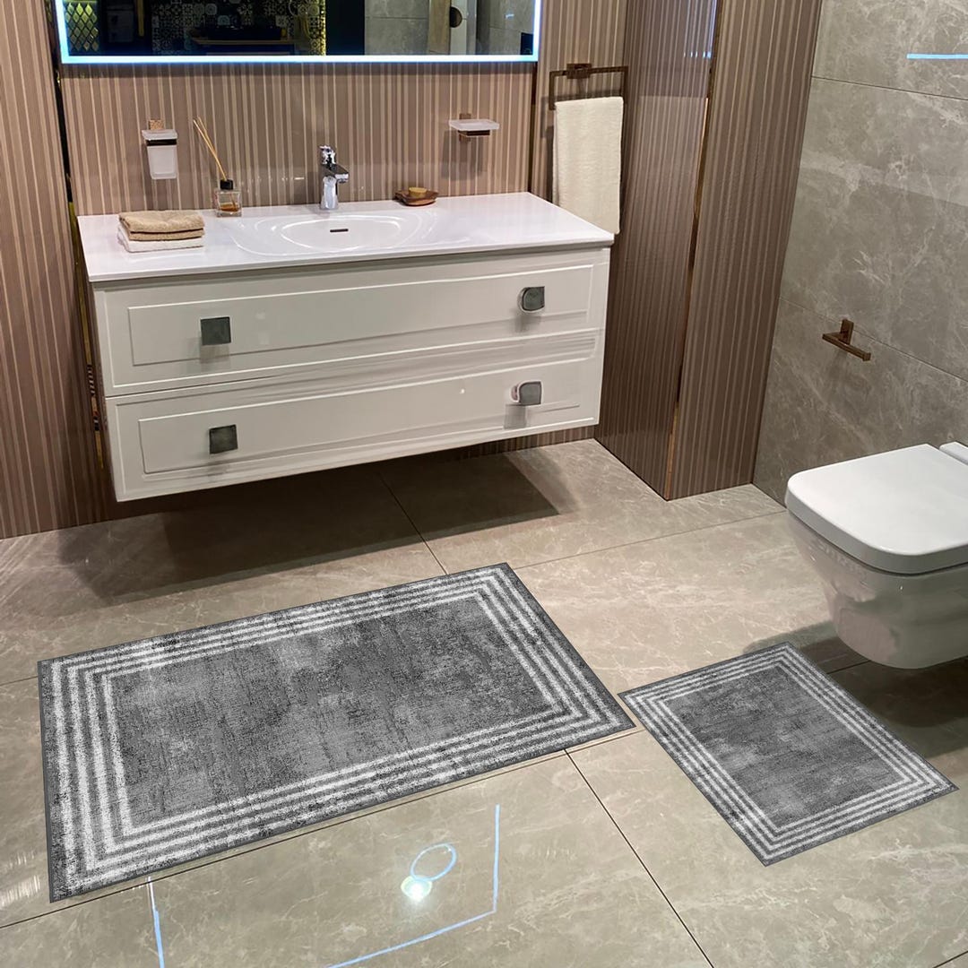 Minimalist Grey Striped Bathroom Mat Set - Simple & Elegant Design ...