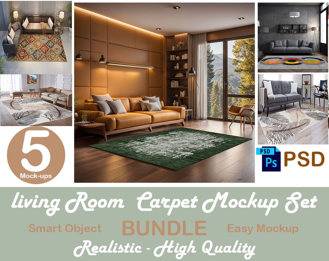 5 Living Room Rug Mockup Bundle PSD Rug Mockups Insert Design via ...