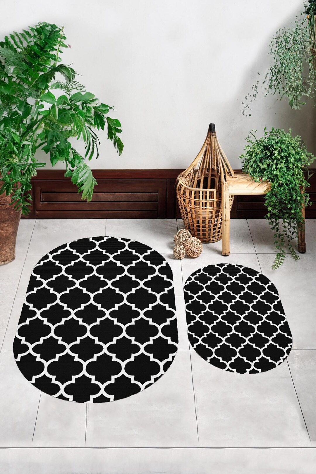Chic Black and White Moroccan Bathroom Rug Set - Non-slip, Washable ...