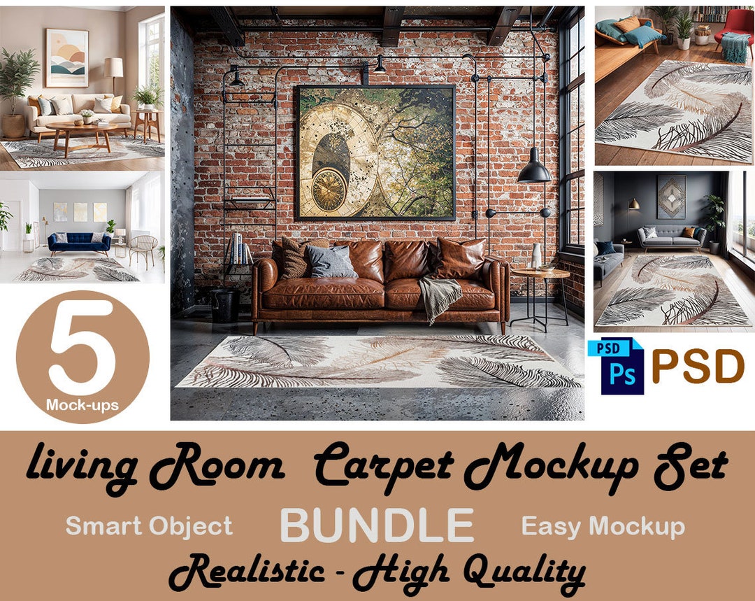 5 Living Room Rug Mockup Bundle - PSD Rug Mockups - Insert Design via ...