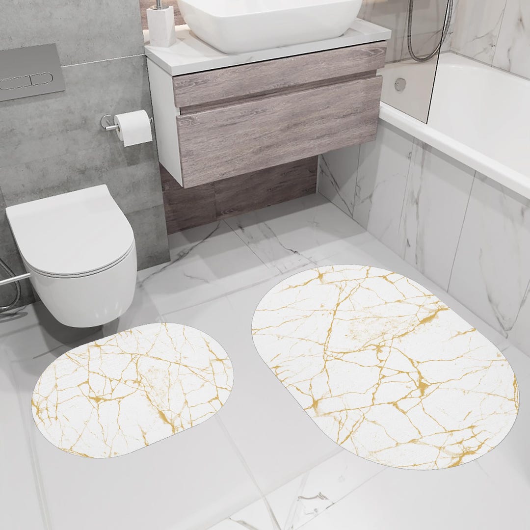 White Gold Marble Bathroom Rug Set, 2-piece Non-slip Bath Mats, Soft ...