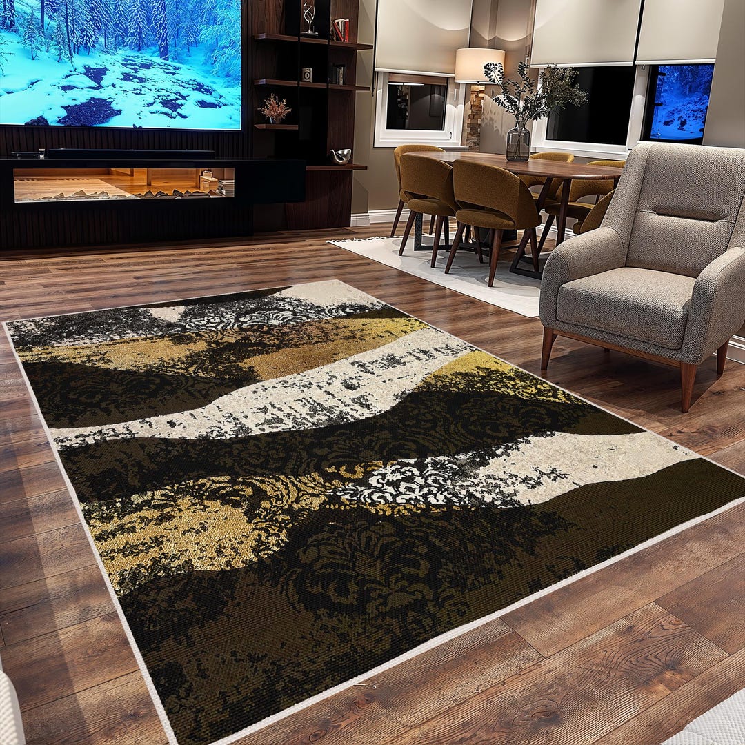 Wavy Damask Pattern Rug for Living Room – Beige, Black and Gold Modern ...