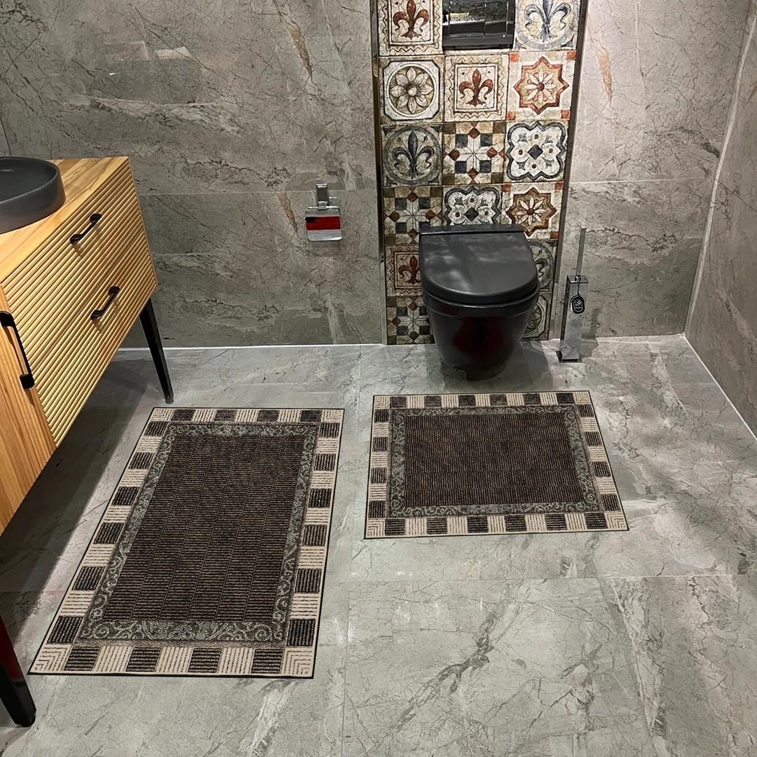 Classic Brown and Beige Bathroom Rug Set - Non-slip, Washable, High ...