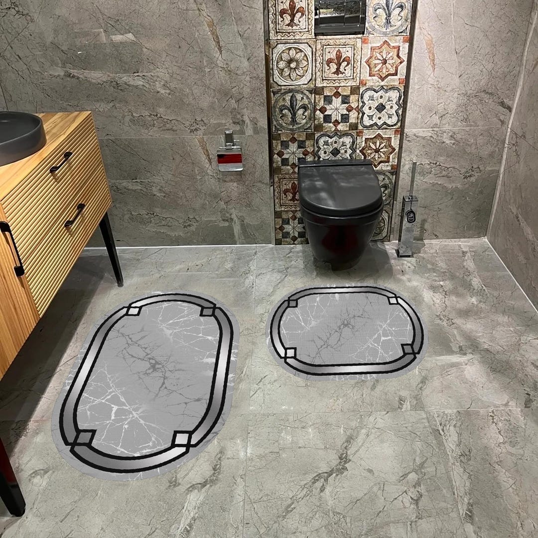 2-piece Gray Marble Bathroom Rug Set With Black Geometric Border, Non ...