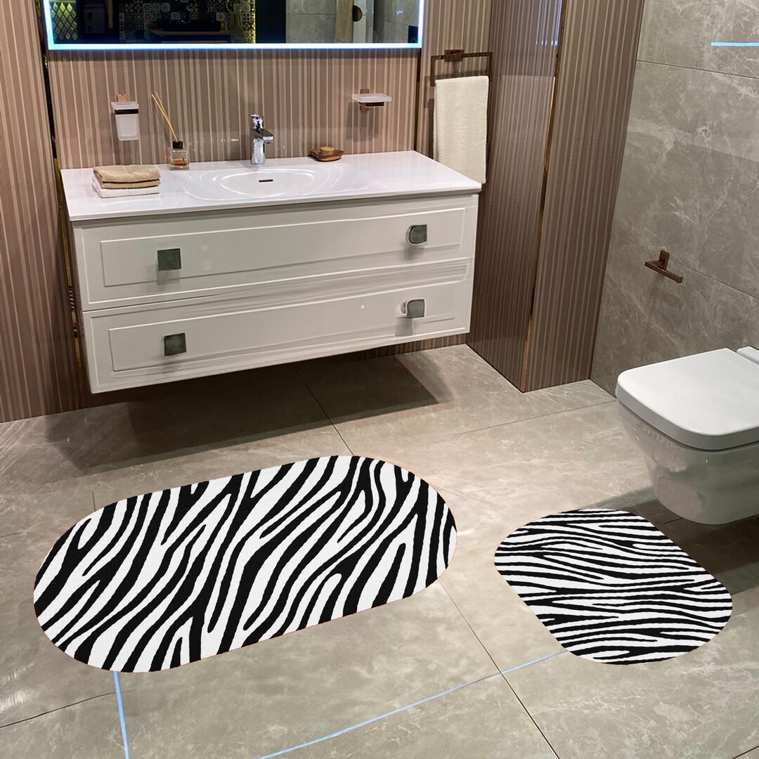 Zebra Print 2-piece Oval Bathroom Rug Set, Washable Non-slip Bathroom ...