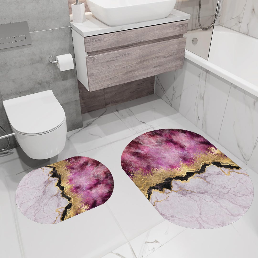2-piece Pink and Gold Marble Bathroom Rug Set, Luxury Non-slip Bath ...