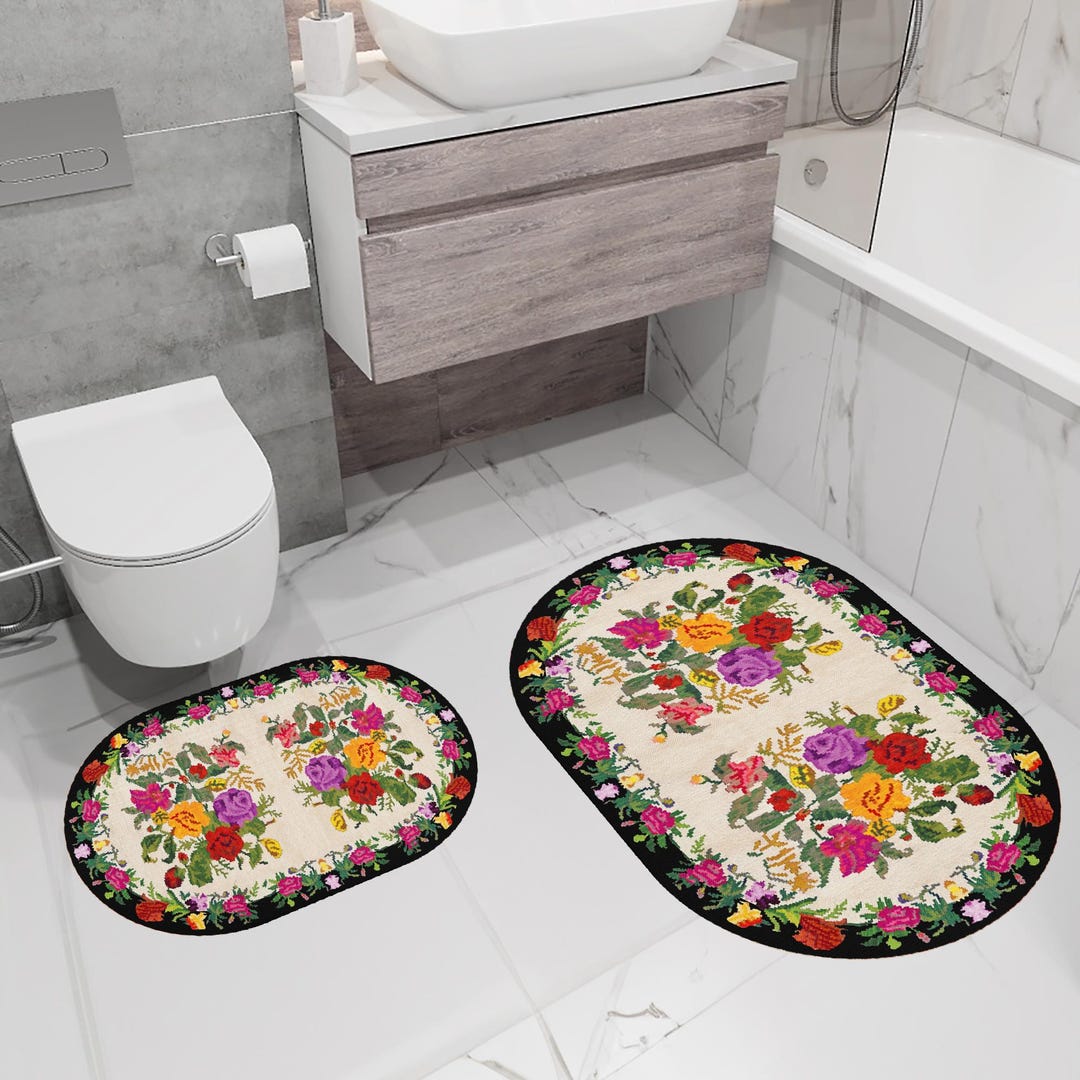 2-piece Floral Bathroom Rug Set, Vintage Style Non-slip Bath Mats ...