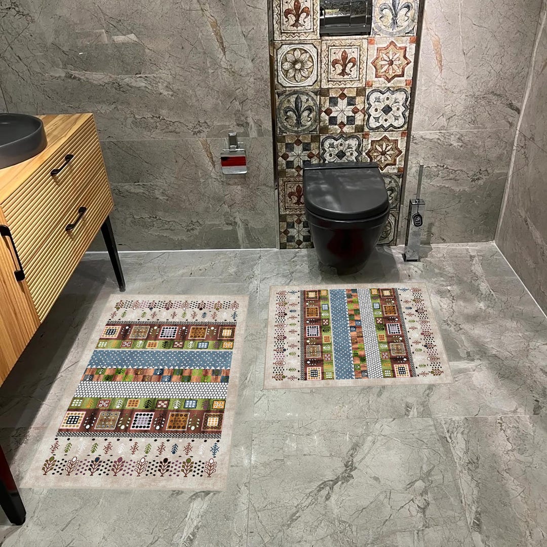Colorful Bohemian Bathroom Rug Set - Non-slip, Washable, High-quality ...