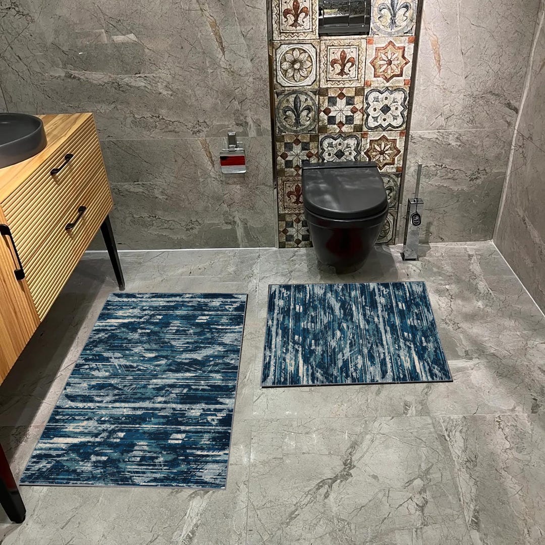 Bold Blue Bathroom Rug Set – Abstract Stripe Pattern in Navy & Sky Blue ...