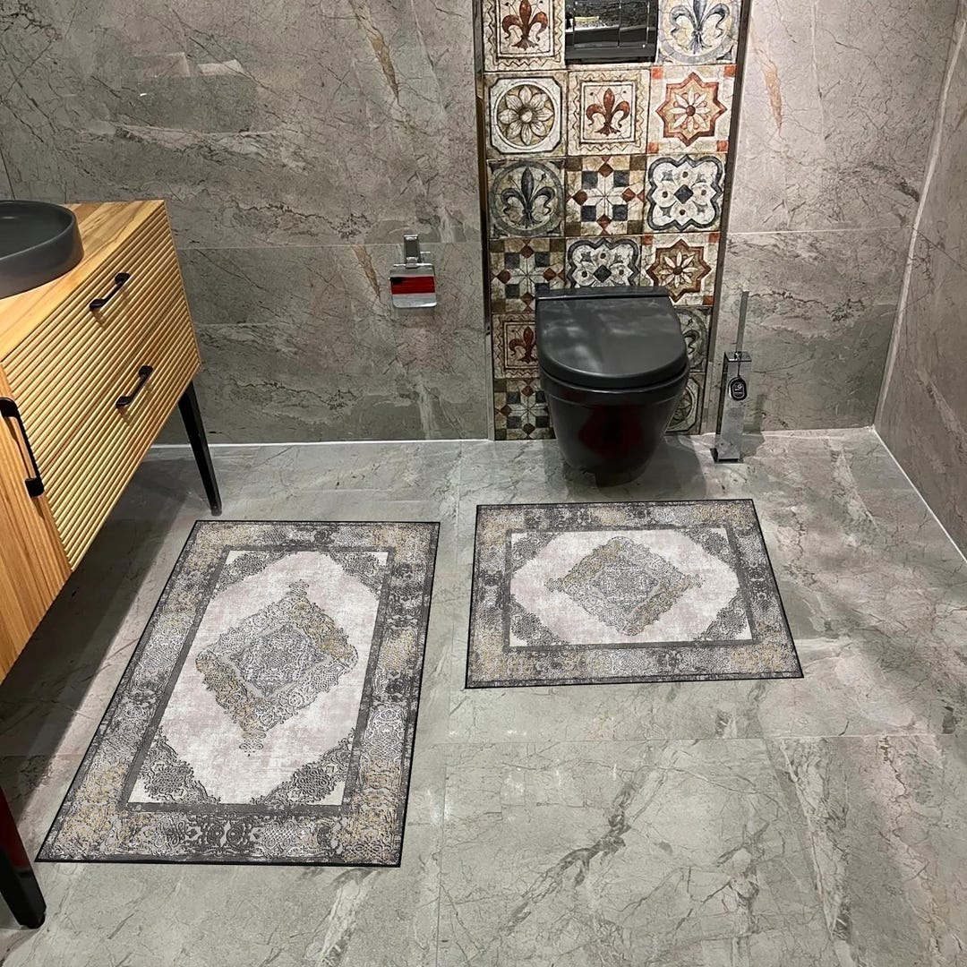 Elegant Grey and Beige Oriental Pattern Bathroom Rug Set 2-piece Non ...