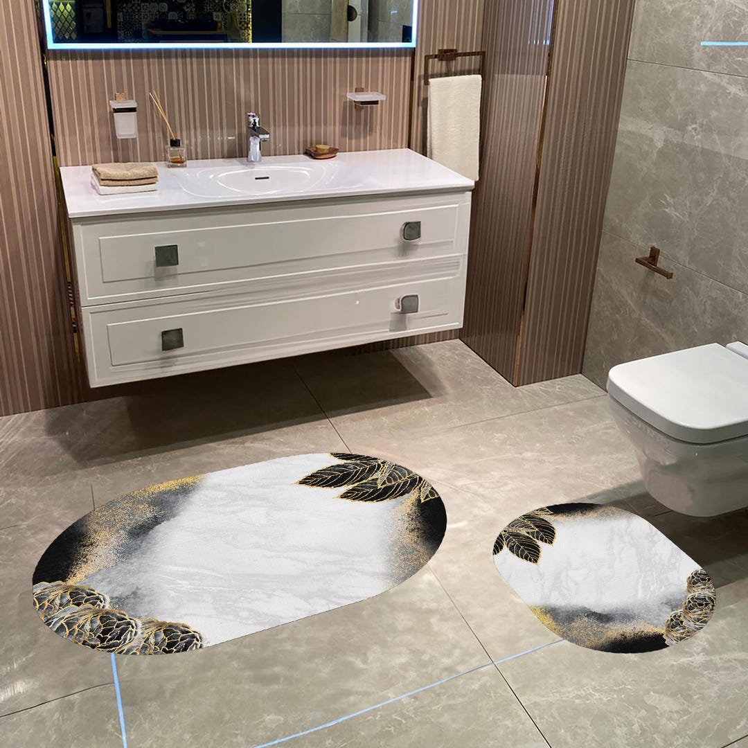 2piece White and Gold Marble Bathroom Rug Set Non-slip Bath Mats With ...