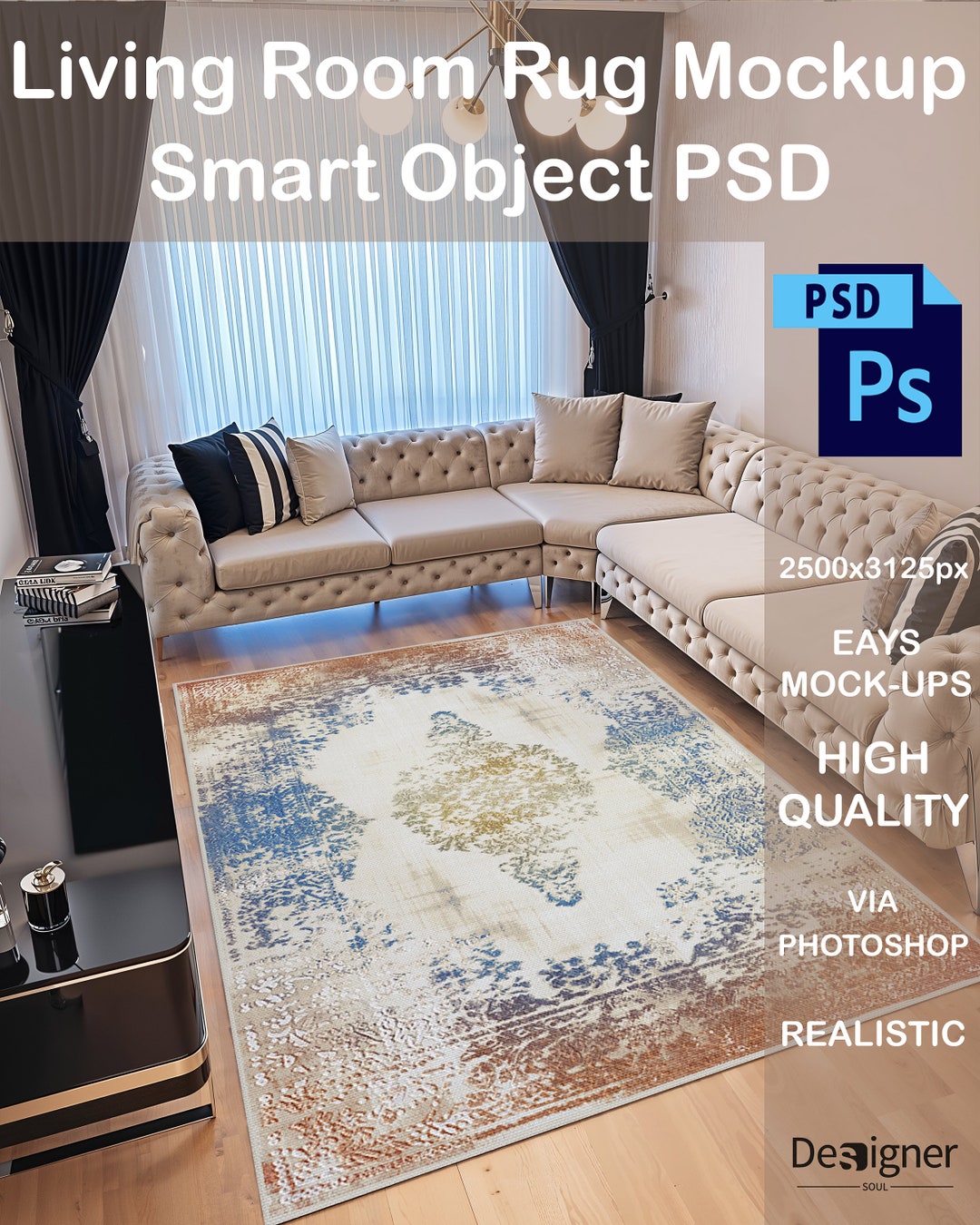 Living Room Rug Mockup - PSD Rug Mockups - Insert Design - High Quality ...
