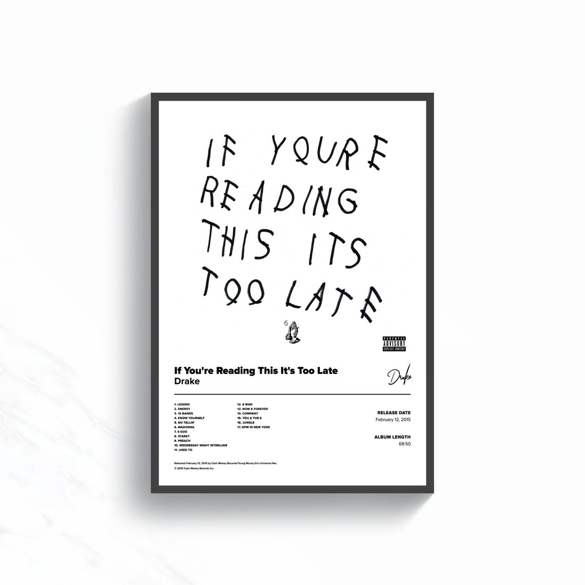 Drake Poster If You're Reading This It's Too Late | Etsy