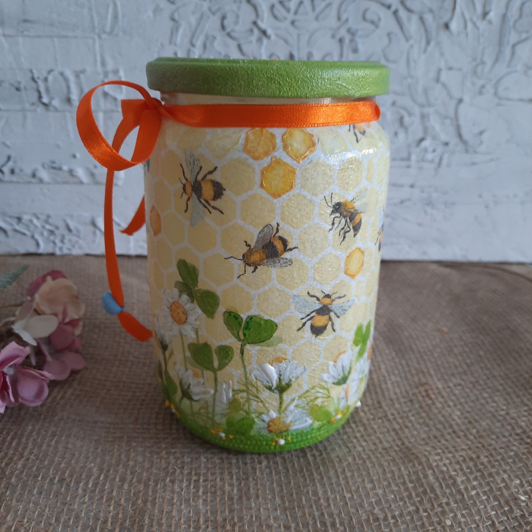 Glass Jar With Bees and Flowers. Storage Jar. Decoupage Jar, a Gift for ...