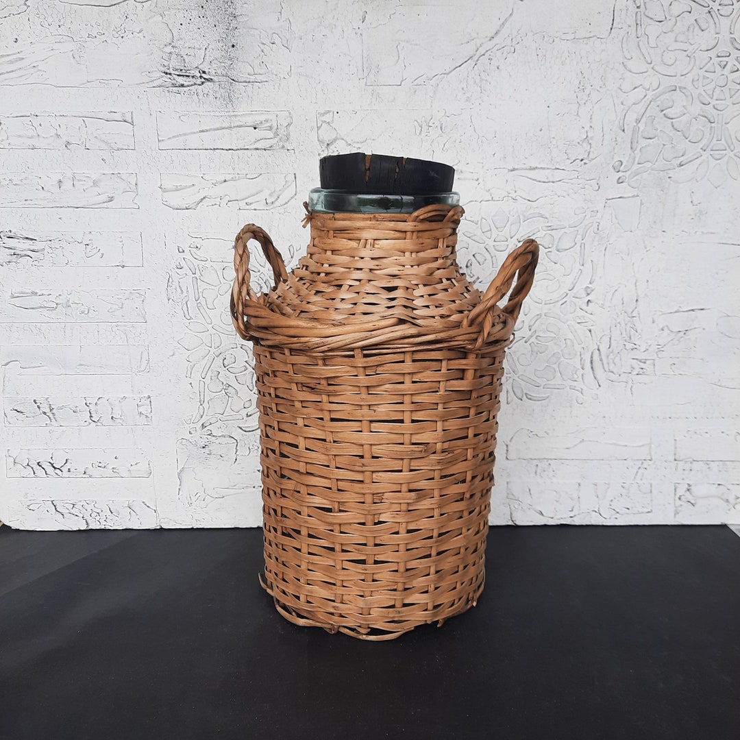 Large Wicker Jar With Handles. Vintage Rattan Jar. A Jar Wrapped in ...