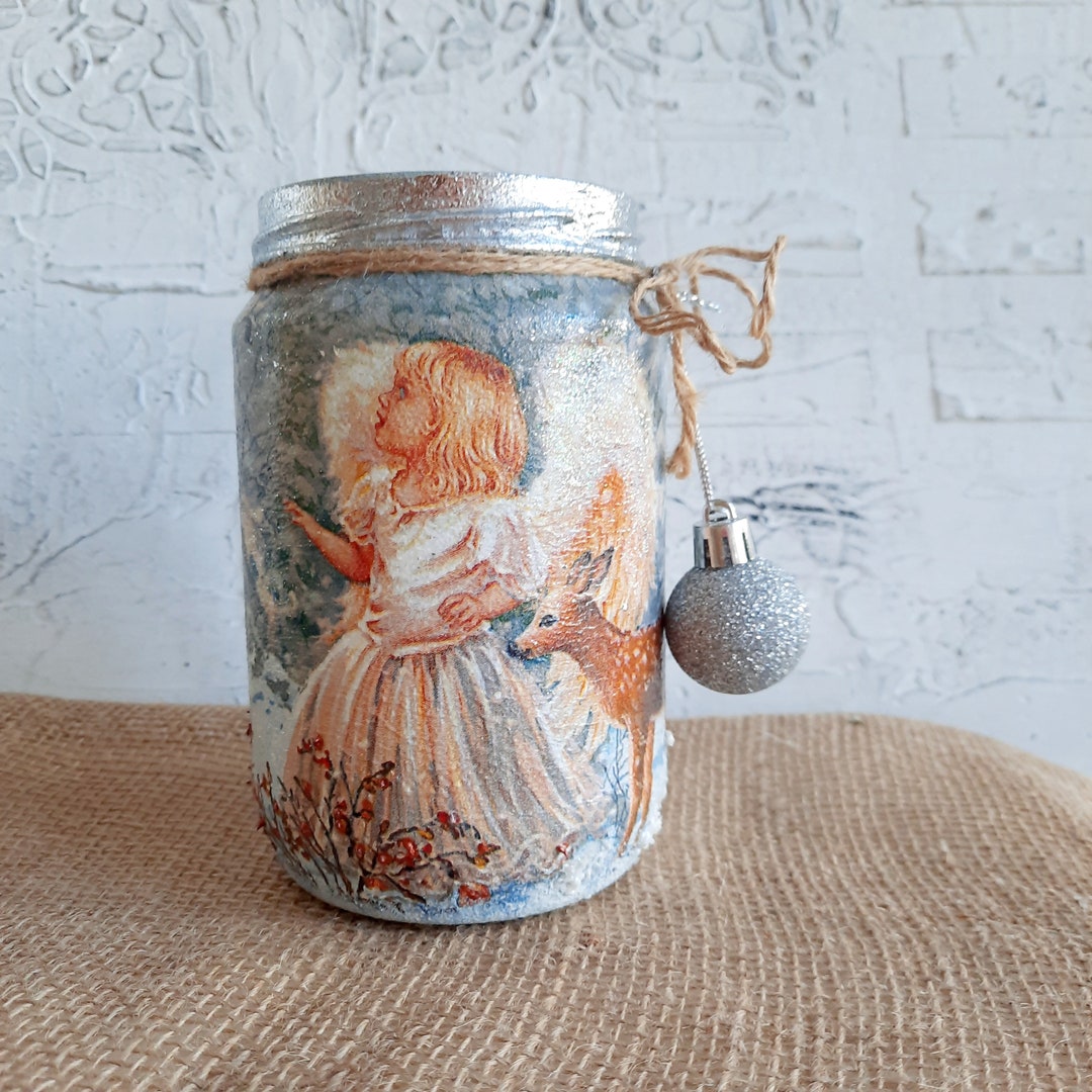 Christmas Jar Angel in the Forest. Decorated Decoupage Jar. - Etsy