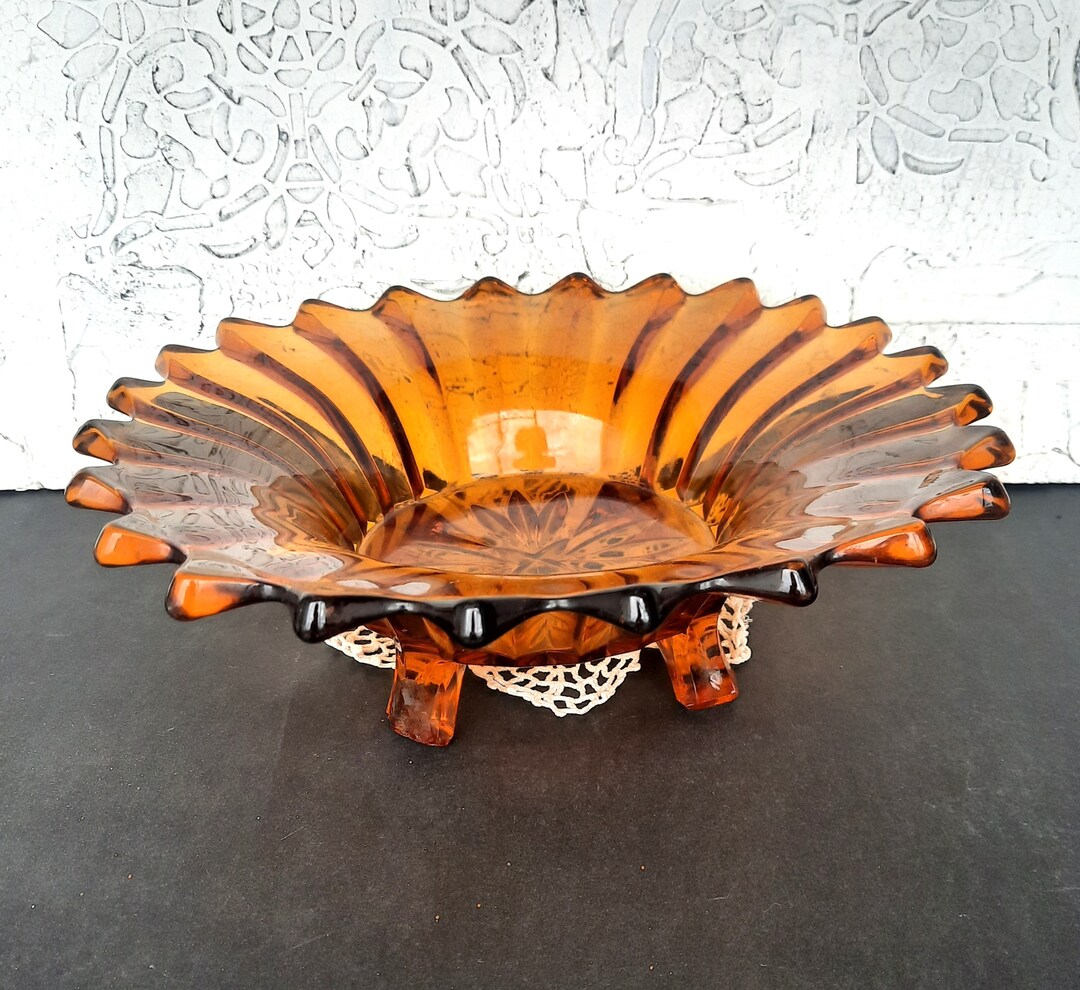Retro Glass Bowl in Amber Color. Fruit Bowl With Beautiful Serrated ...