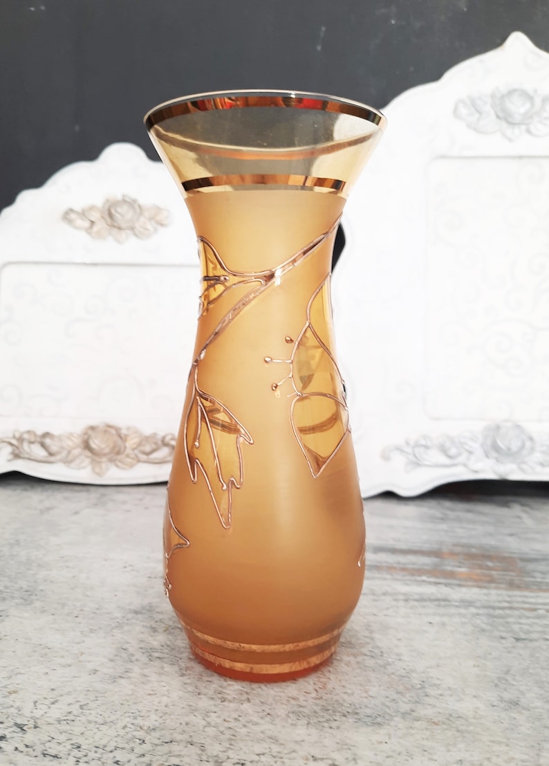 Vintage Flower Vase Frosted Glass With Hand-painted Golden Flowers ...