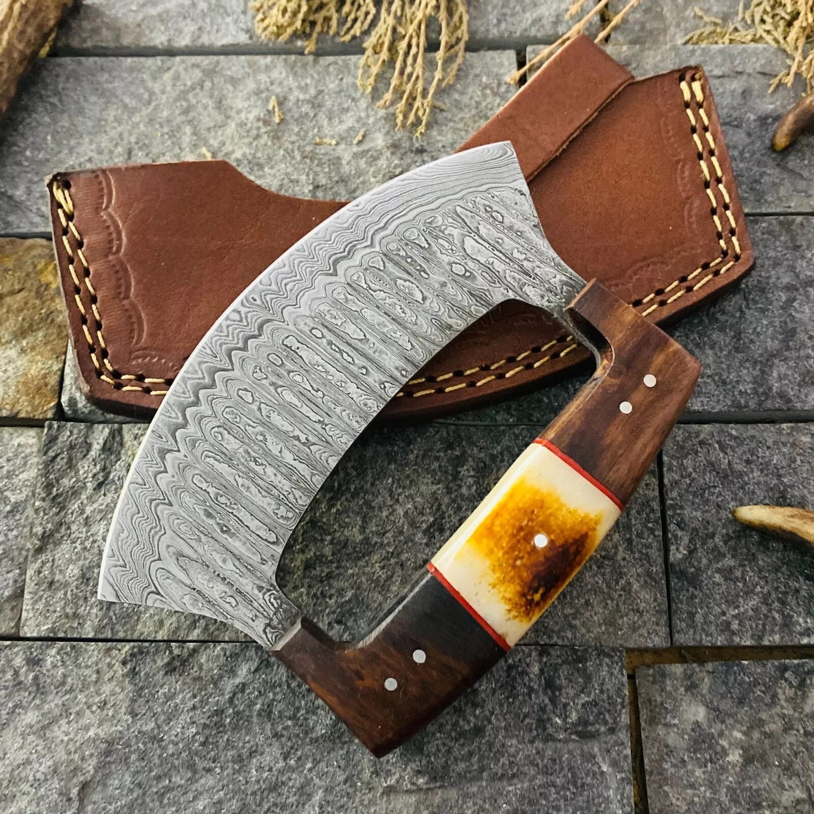 Hand Forged Damascus Steel Ulu Knife W/ Sheath Perfect for Cutting ...