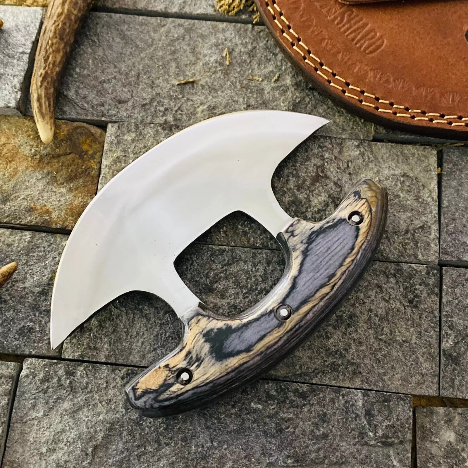 Hand Forged Damascus Steel Ulu Knife W/ Sheath Perfect for Cutting ...