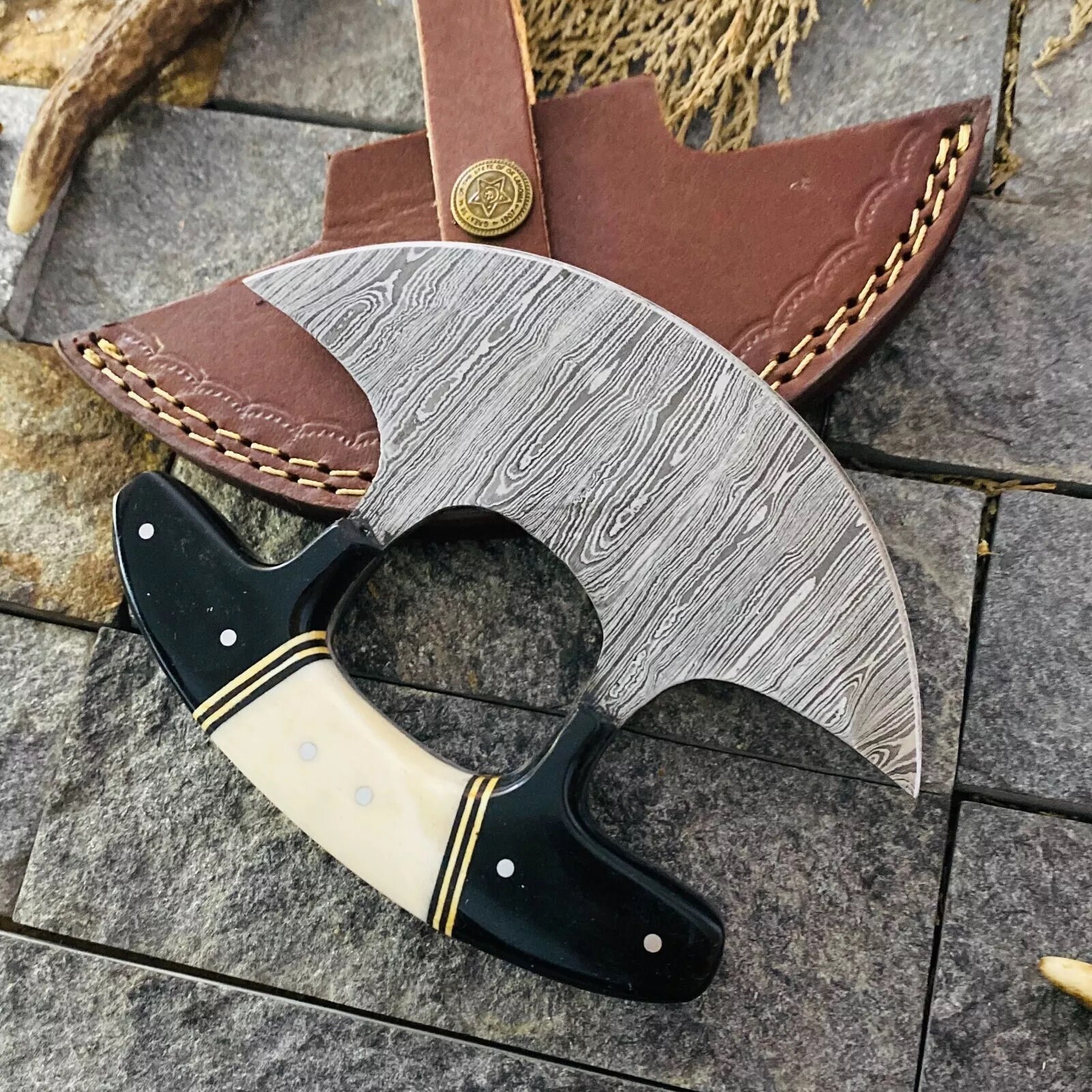 Hand Forged Damascus Steel Ulu Knife W/ Sheath Perfect for Cutting ...