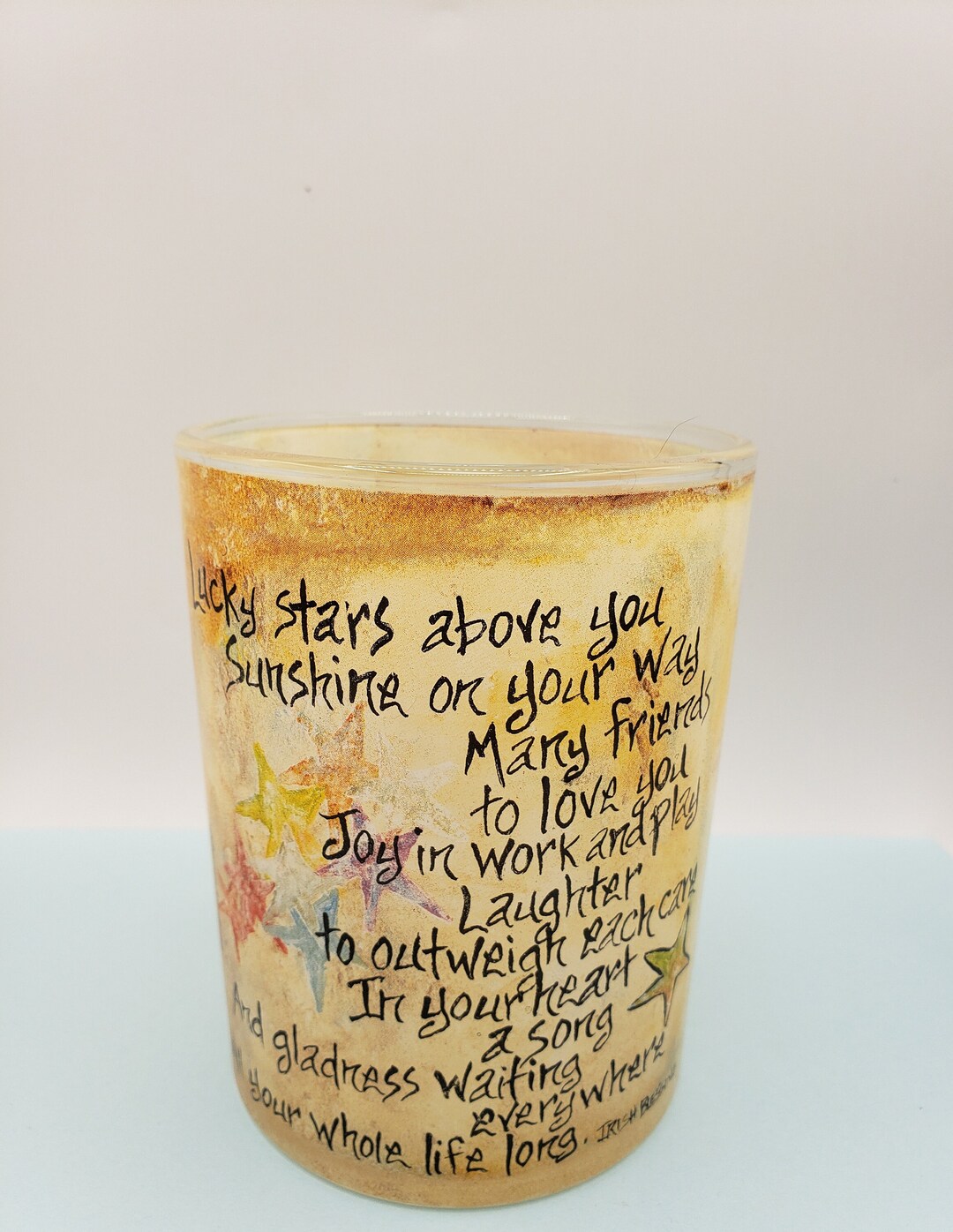 Rhonda Kullberg Rare Glass Pillar Candle Holder Lucky Stars Irish ...