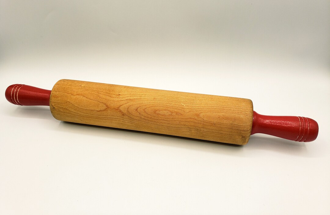 Vintage Wooden Rolling Pin Red Grooved Handles 16farmhouse Cottagecore ...