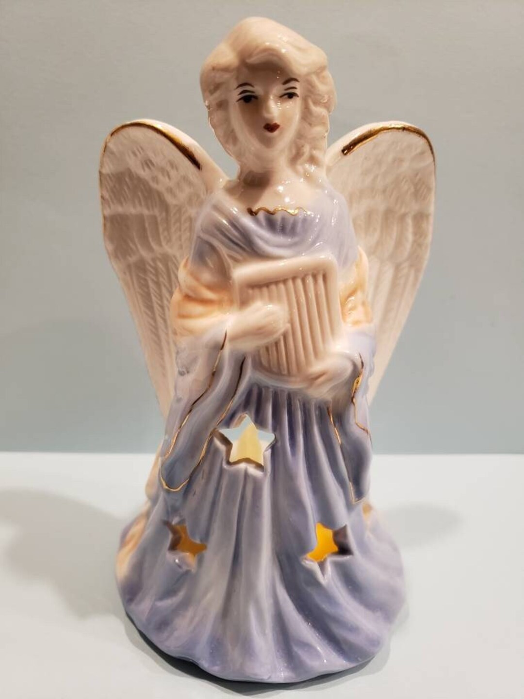 Porcelain Angel Tea Light Candle Holder Harp, Blue Dress, Stars, Gold ...