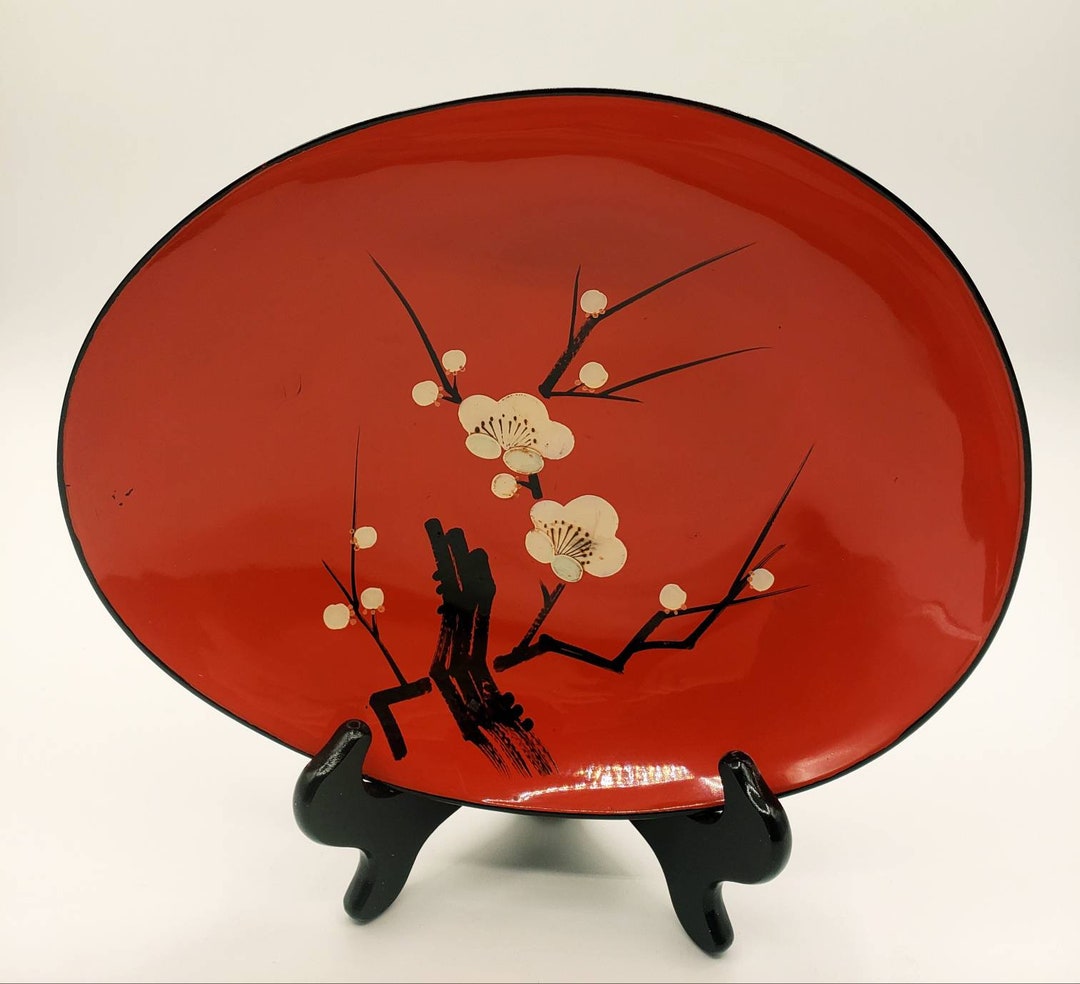 Japanese Rice Bowl Black & Red Lacquerware Cherry Blossom Vintage MCM 9 ...